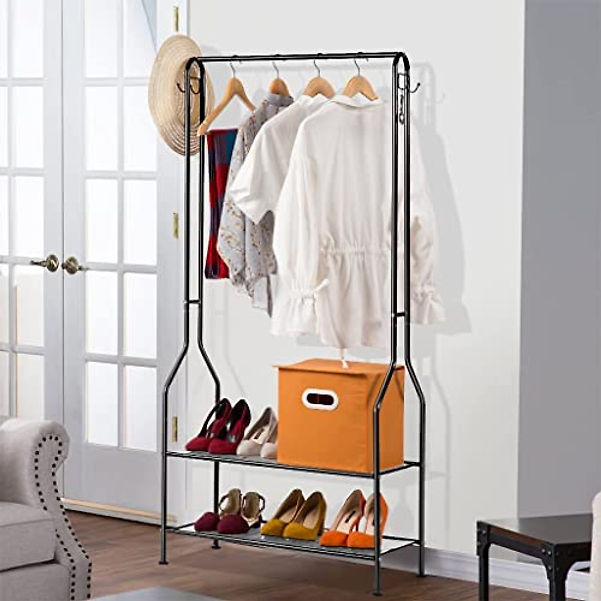 OSGP Heavy Duty Commercial Grade Clothing Garment Rack, 2-Tier Entryway Metal Coat Rack and Shoe Bench Storage Stand with Single Rod and 4 Hooks for Home Office Bedroom Max Capacity 66.1lbs, Black