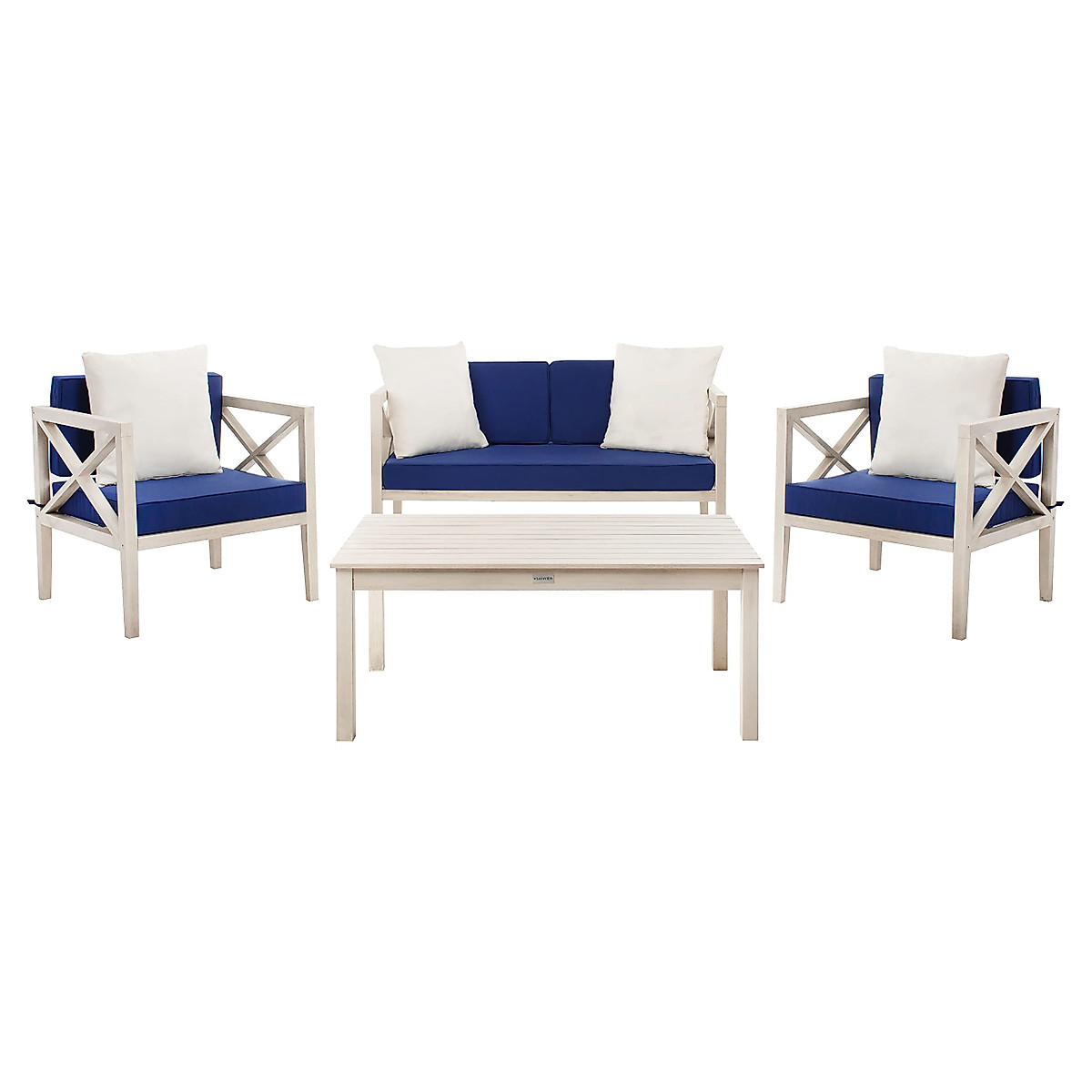 SAFAVIEH PAT7031A Collection Nunzio Teak and White and Navy 4 Pc Accent Pillows Outdoor Set
