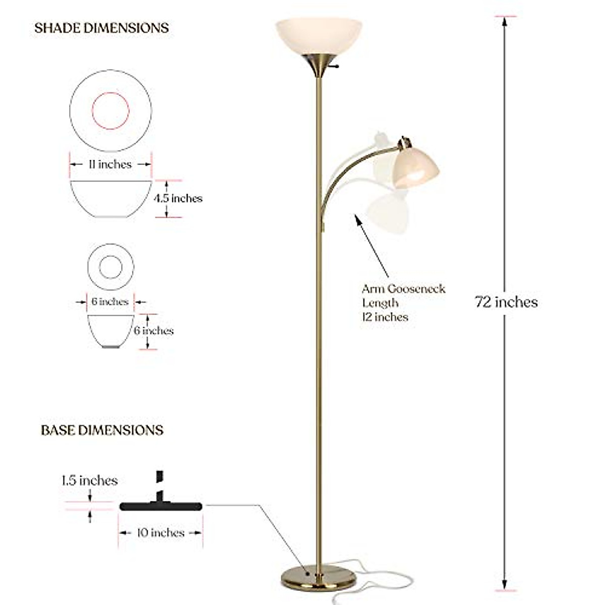 Brightech Sky Dome Plus LED Floor lamp, Torchiere Super Bright Floor Lamp with Reading Lamp for Living Rooms & Offices - Dimmable Tall Standing Lamp for Bedroom Reading - Gold Brass