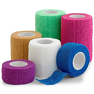 6 Pack, Self Adherent Cohesive Tape - 1" 2" 3" x 5 Yards Combo Pack, Self Adhesive Bandage Rolls & Sports Athletic Wrap for Ankle, Wrist, Sprains and Swelling, Vet Wraps in Neon Colors