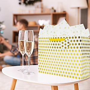 OFIHANLY 16.5" Extra Large Birthday Gift Bag with Handles for Women Men Wedding Bridal Shower Gold Polka Dot Kids Boy Girls Baby Shower Party Paper Bag with Tissue Paper,1Pcs