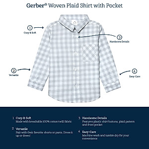 Gerber Baby and Toddler Boys Long Sleeve Button Up Plaid Shirt, Gray Plaid, 4T
