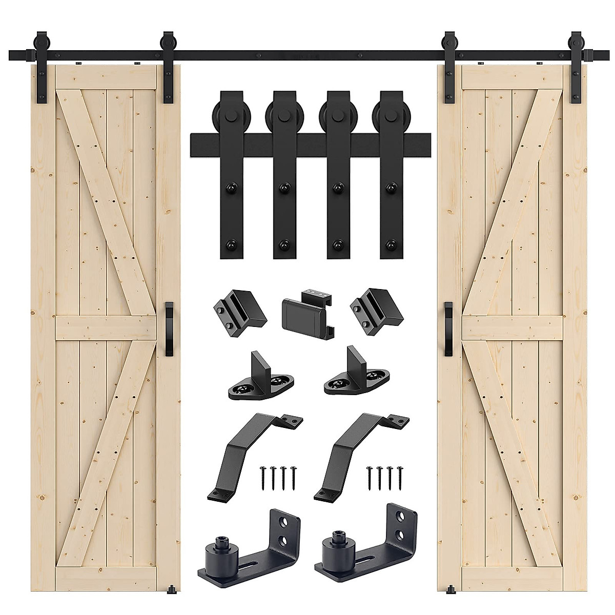 SMARTSTANDARD 24in x 84in Double Barn Door with 8ft Sliding Barn Door Hardware Kit & Handle, Pre-Drilled Ready to Assemble, DIY Unfinished Solid Spruce Wood Panelled Slab, K-Frame