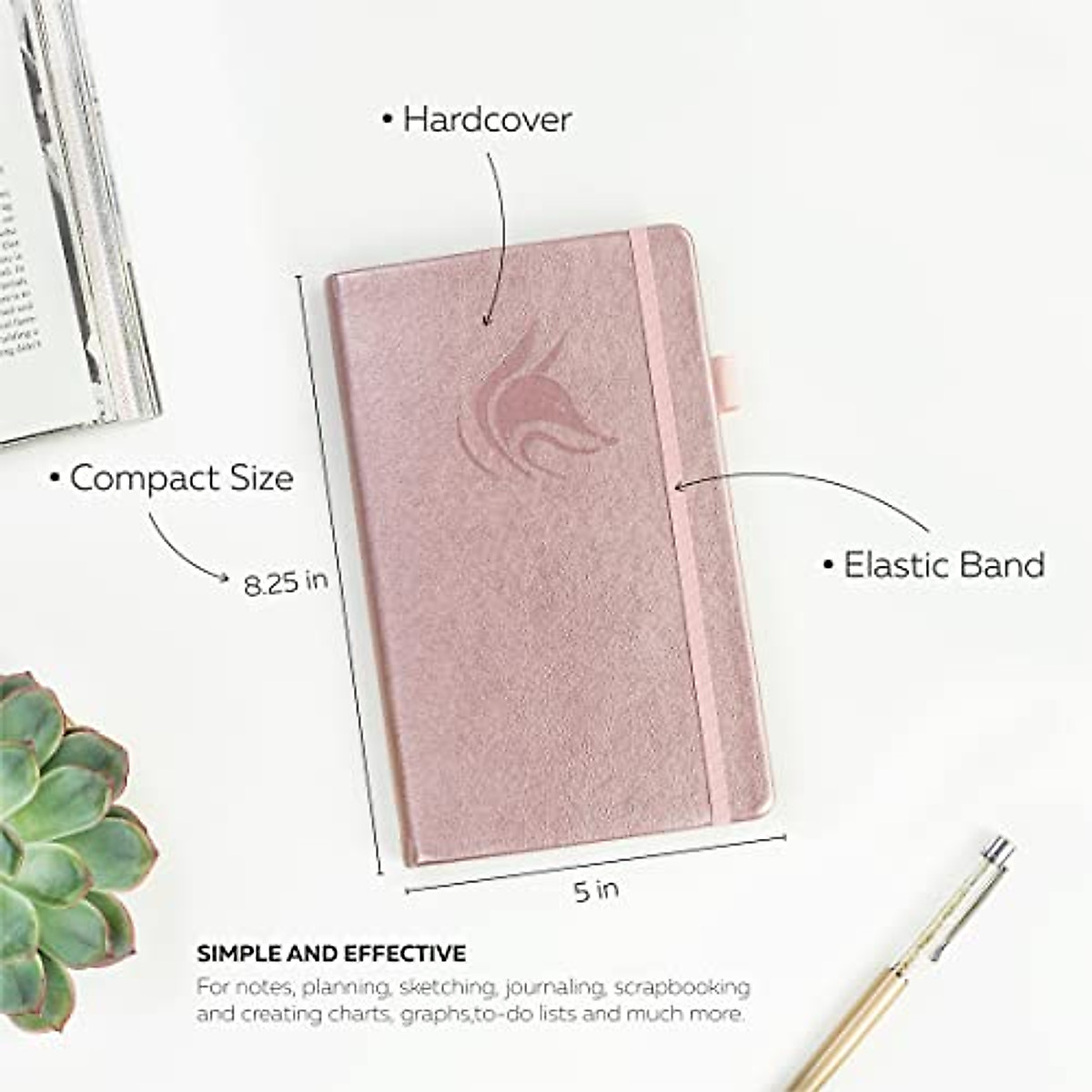 Clever Fox Dotted Notebook – Dot Grid Bullet Numbered Pages Hard Cover Notebook Journal With Thick 120g Paper and Pen Loop, Stickers, 3 Bookmarks, Smooth Faux Leather, 5'' x 8.25'' - Rose Gold