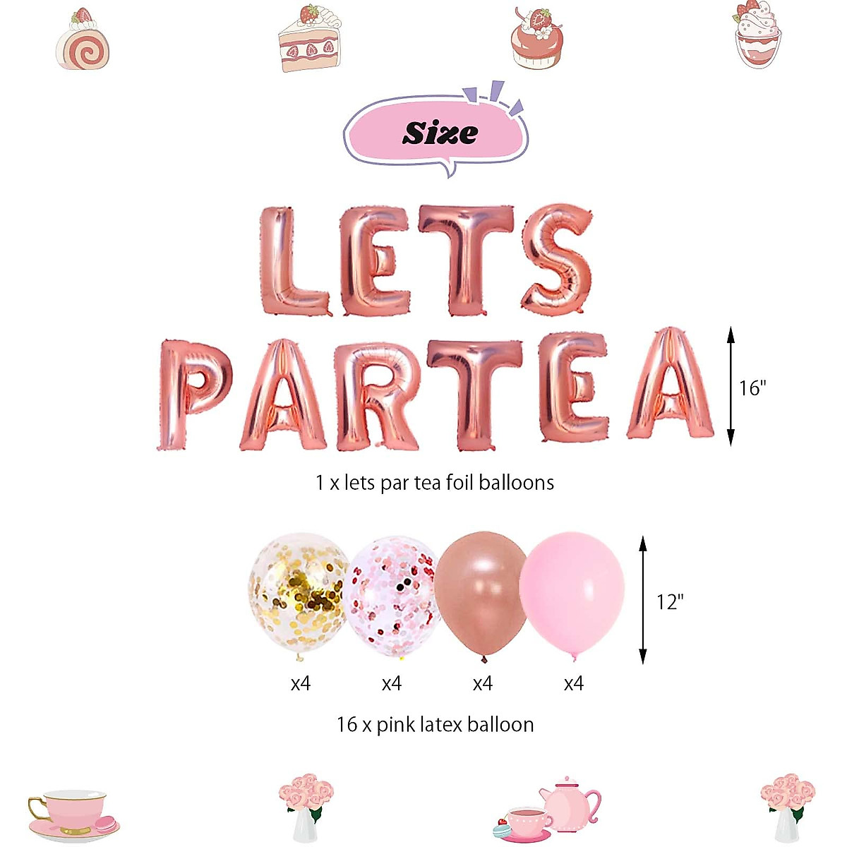 JOPARY Tea Party Decorations with LET'S PAR TEA Aluminum Foil Balloons Floral Tea Party Hanging Decorations Latex Balloons and Teapots Teacups Cupcake Toppers for Lets Par-Tea Party Decor