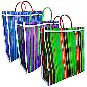 Pack Set of 3 Large Mexican Full Gusset Tote Bag, All Side Gussets Mesh Market Bags in Assorted Colors Reusable Mexican Shopping Bags with Flat Bottom Bolsas de Mercado / Bolsas de Mandado con Fuelle