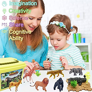 65PCS Safari Animal Figurines Toy Set, Realistic Jungle Zoo Figures with Elephant, Lion, Giraffe, Fence, Building Blocks for Kids Ages 3-8