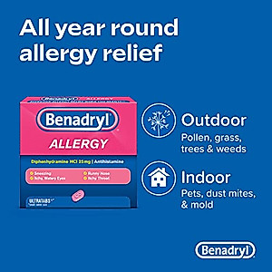 Benadryl Ultratabs Antihistamine Allergy Relief Tablets, Diphenhydramine HCl 25mg, 48 ct