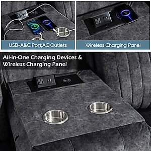 Consofa Zero Gravity Power Reclining Sofa with Adjustable Headrest, Electric Reclining Couch with Wireless Charge, Power Recliner Sofa 3 Seater with Drop Down Table,Cup Holder,USB Ports (Grey)