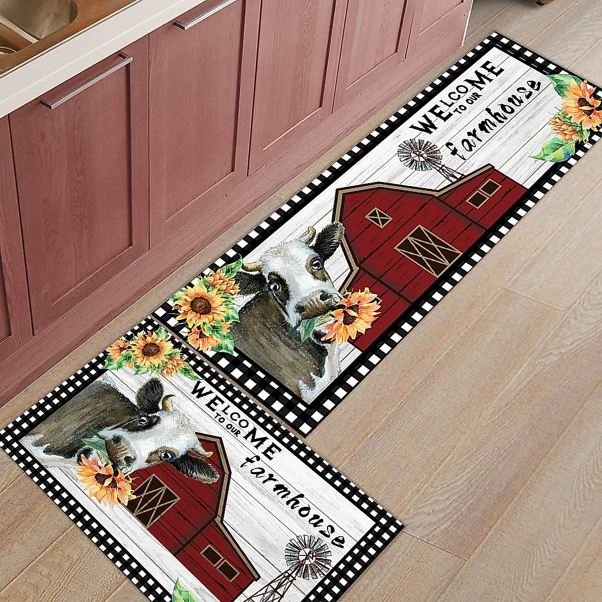 Queener Home Farmhouse Cow and Old Red Wooden Barn Kitchen Rugs and Mats Set of 2, Washable Floor Doormat Comfort Area Runner Rug Non-Slip Rubber Backing for Indoor Sunflowers