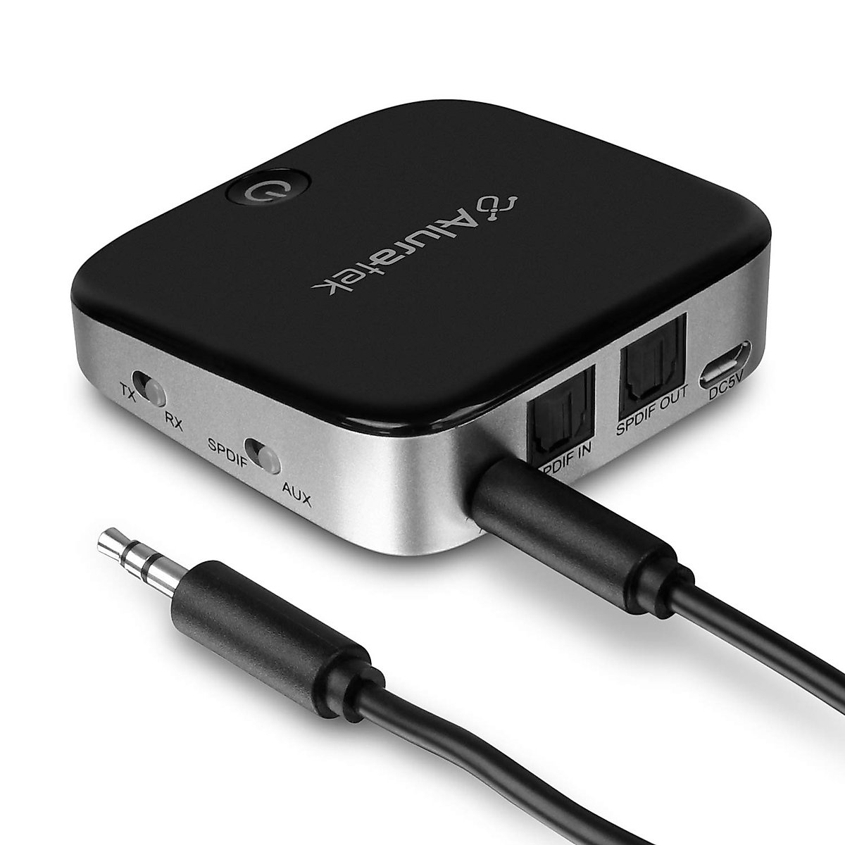 Aluratek ADB1B Bluetooth Audio Receiver and Transmitter, 2-in-1 Wireless 3.5mm, AUX, Optical Audio Adapter, Pairing with 2 Bluetooth Headphones Simultaneously in Transmitter Mode, Small
