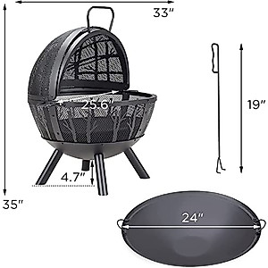 PaPaJet 35 inch Fire Pit for Outside, Wood Burning Fire Pit with Cover, Bonfire Globe Fire Pit with Poker Tree Pattern for Patio Backyard Garden Black