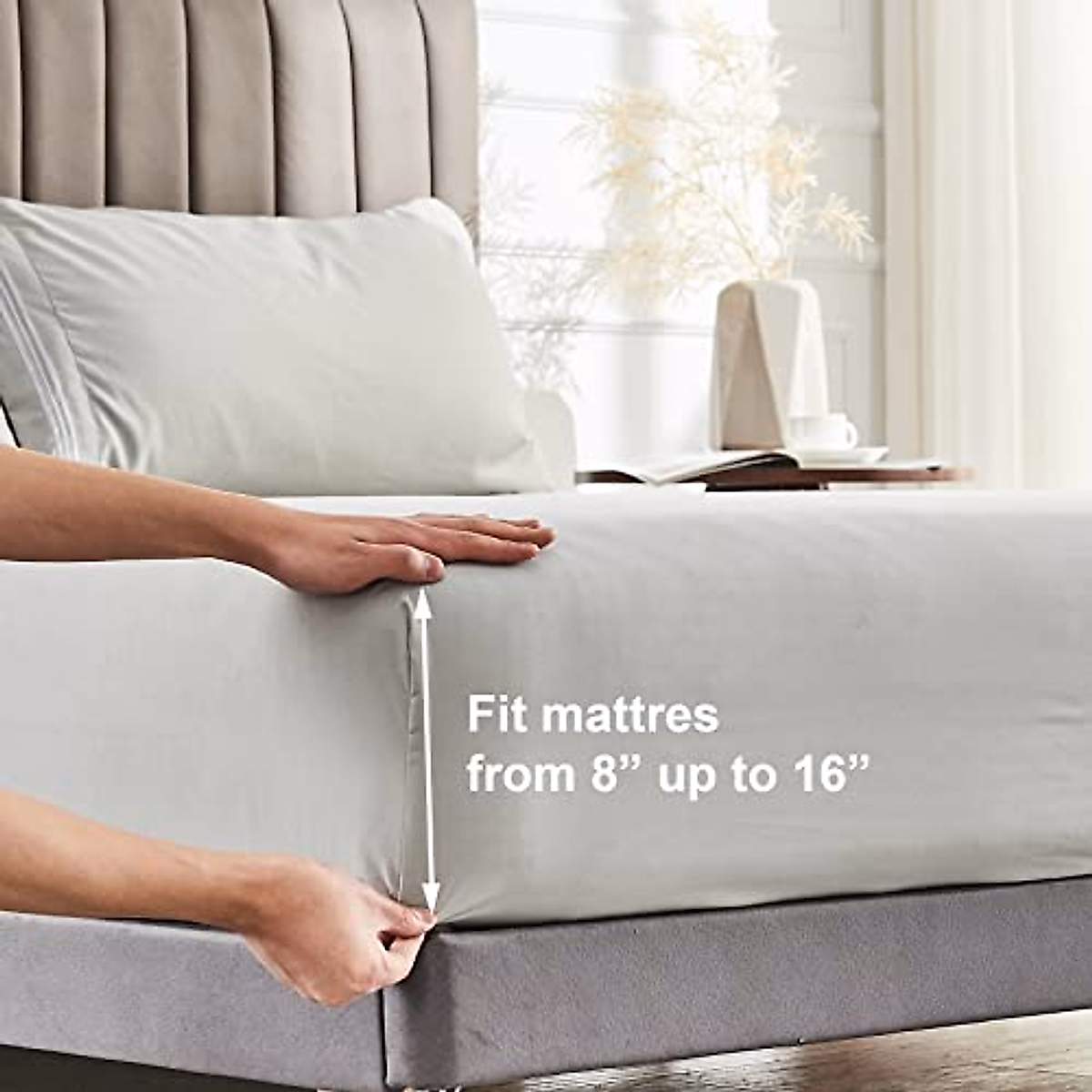 WODFAMY Microfiber Full Size Bed Sheet Set Extra Soft Deep Pockets Luxury Hotel Bed Sheets Breathable & Cooling Wrinkle Free 4 Piece Set Fulls Sheets Light Grey&Gold