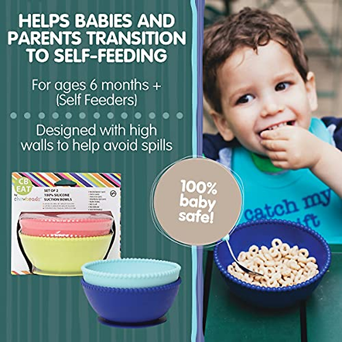Chewbeads Silicone Suction Bowls - Set of 2 - Stay Put Toddler & Baby Suction Bowls - Dishwasher, Microwave & Freezer Safe Toddler Bowls - 100% Silicone, BPA Free & Phthalate Free