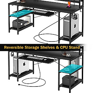 55" Computer Desk with Power Outlet & USB Ports, Heavy Duty Desk with Hutch Keyboard Tray, Home Office Desks with Shelves Monitor Stand, Study Table Writing Desk Workstation, Easy to Assemble, Black