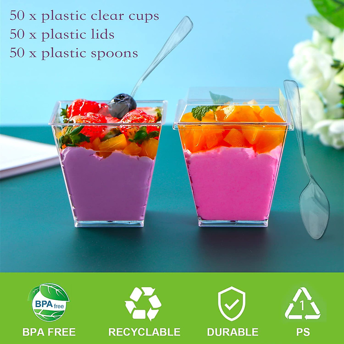 Lainrrew Dessert Cups, 50 Pack 7oz Clear Plastic Dessert Cups with Lids and Spoons Mini Square Tumbler Serving Cups Appetizer Parfait Cups for Party Tasting Mousse Pudding Yogurt
