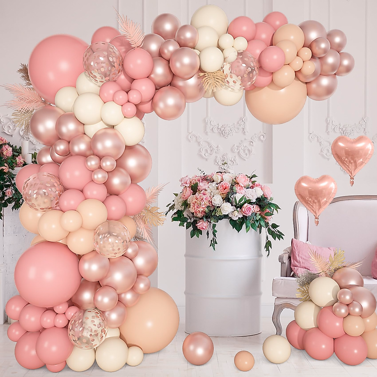 Ouddy Life Dusty Pink Balloons Arch Kit, Different Sizes 18 12 10 5Inch Blush Pink Rose Gold Nude Ivory Confetti Latex Heart Foil Balloon for Girls Wedding Baby Shower Boho Birthday Party Decorations