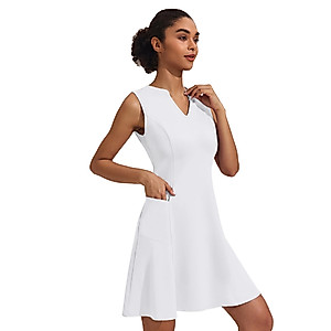 COOrun Womens Stretchy Golf Tennis Dress with Shorts Moisture Wicking Sport Workout Dress with Pockets White