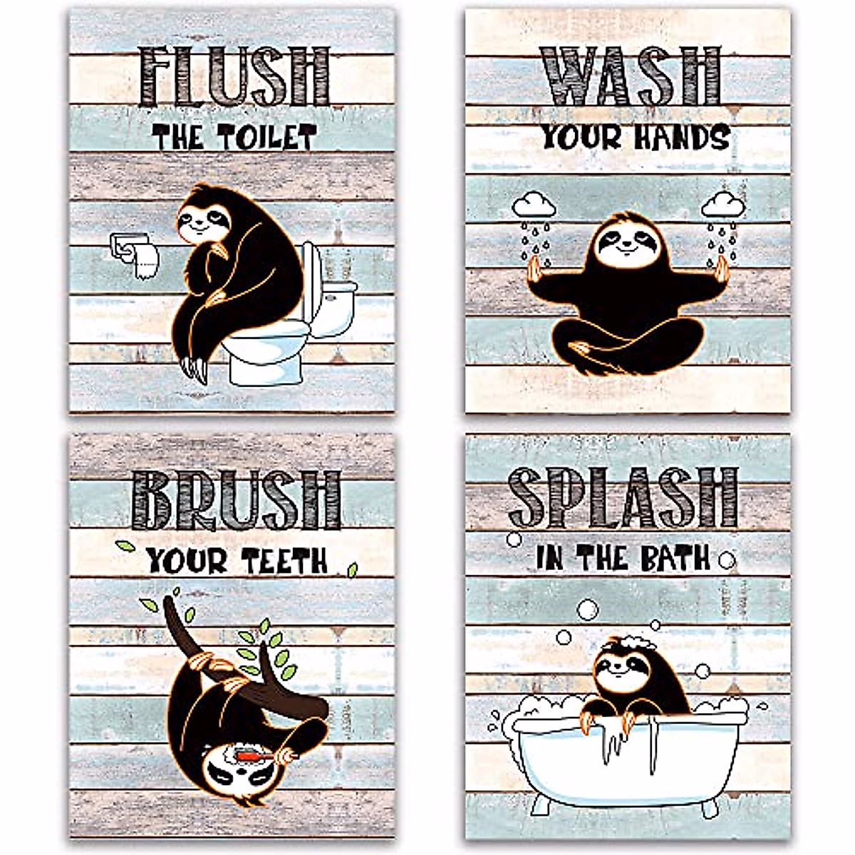 FALJIOK Funny Sloth Bathroom Decor Wall Art Sign, Rustic Farmhouse Wood Sloth Bathroom Rules Wall Art for Kids, Sloth lover, Nursery, Wash Brush Flush, 4set,8”X10” Unframed
