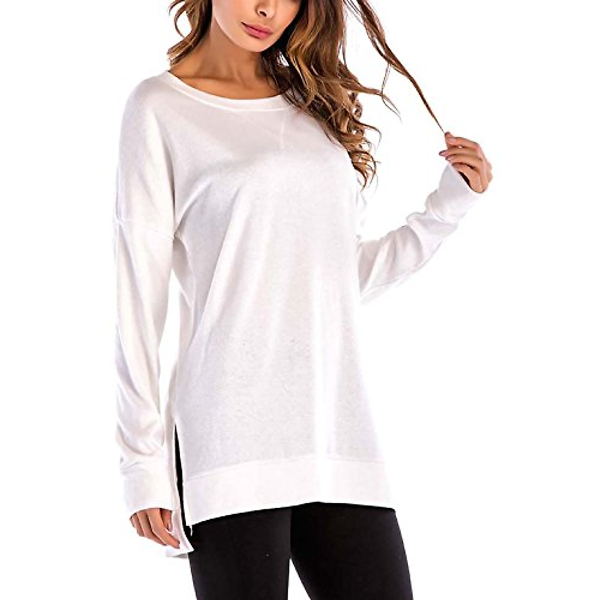 8sanlione Womens Long Sleeve Casual Crew Neck Pullover Loose Sweatshirt Tunic Tops T-Shirt(XX-Large/US 20,White)