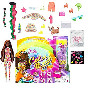 Barbie Color Reveal Totally Neon Fashions Doll with Orange-Streaked Brunette Hair & 25 Surprises Including Color Change, Gift for Kids