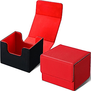 Weewooday 2 Boxes Leather Deck Card Boxes Large Size Fit 100 Plus Sleeved Cards Deck Game Box for Collectible Cards Deck Playing Card Box Compatible with MTG TCG (Black Red, Red, Horizontal)