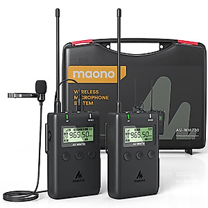 MAONO Wireless Lavalier Microphone System, Lapel Mic with -10dB Attenuation and Low Cut, Real-time Audio Monitoring, 48-Channel and Mute Compatible with Canon Nikon Sony DSLR, Camcorders(AU-WM730)