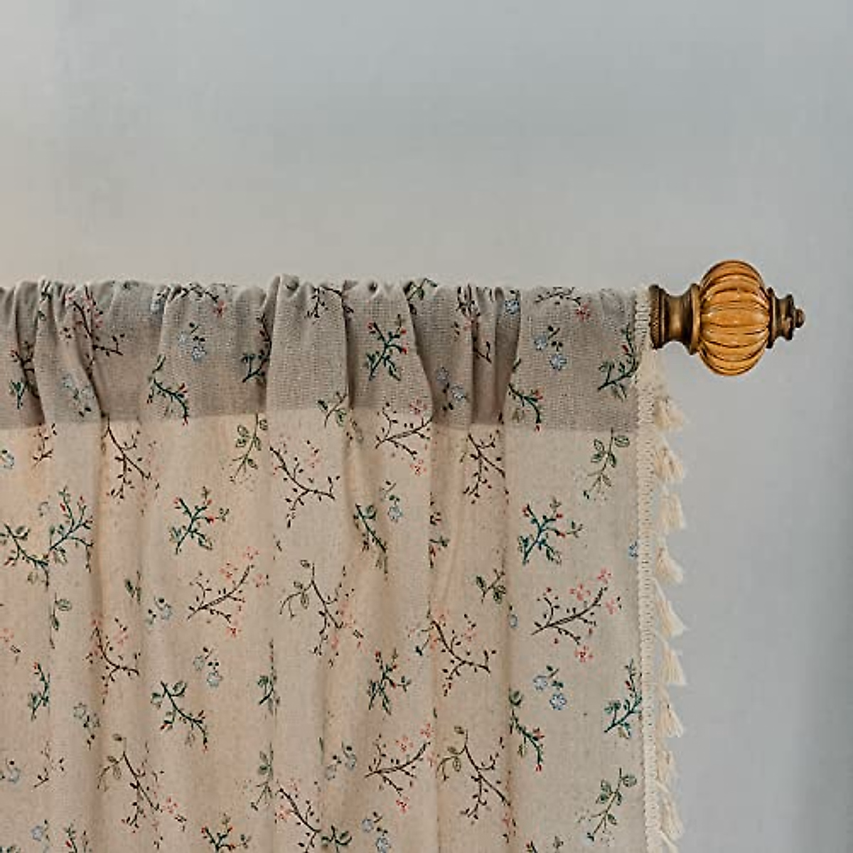 Floral Farmhouse Curtains Closet Semi-Blackout Living Room Drapes 63 Inch Length Cotton Linen Blend Short Bohemian Window Curtain Panels with Tassel Beige Rod Pocket Bedroom Drapes, 1 Panel