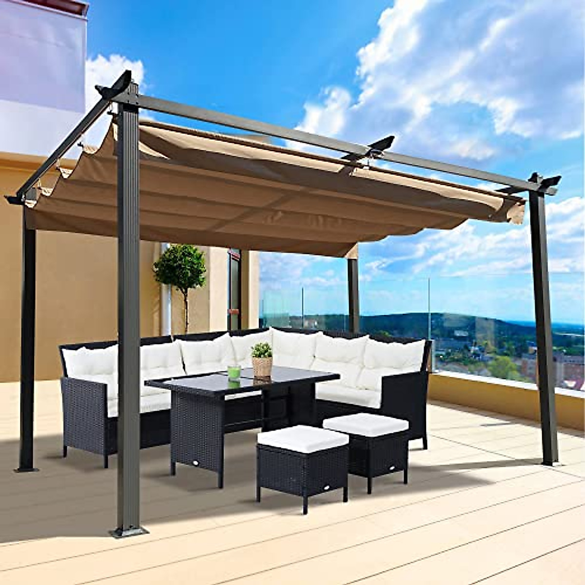 13x10 Ft Outdoor Aluminium Patio Canopies Gazebos & Pergolas, Modern Garden Furniture with Polyester Top and Retractable Canopy for Porch Backyard Lawn, Beige