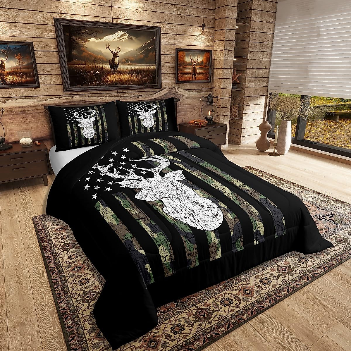 American Flag Comforter Set,Deer Hunting Down Comforter Army Green Military Camo Bedding Set Full For Boys Teens Kids Man,Western Farmhouse Stars Stripes Bedding Quilt Set Bedroom Decor 3 Pcs