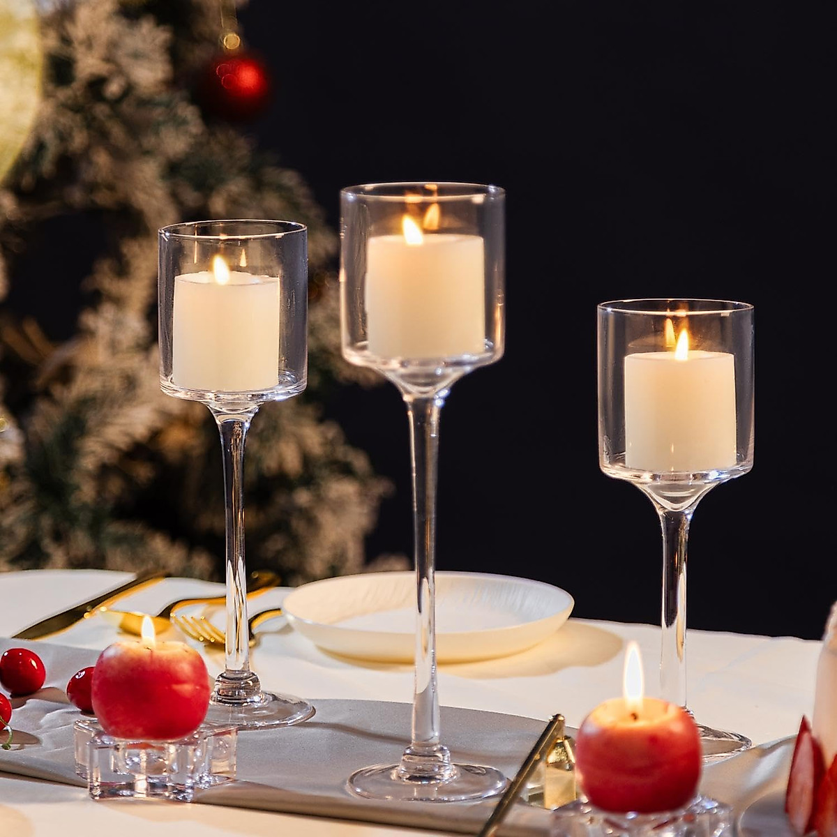 Glass Candleholders Tea Light Candle Holders Clear Wedding Weddings Hurricane Tall Elegant Ideal for Dining Party Home Decor Parties Table Settings Gifts High Different Sizes (6 Sets Large Clear)