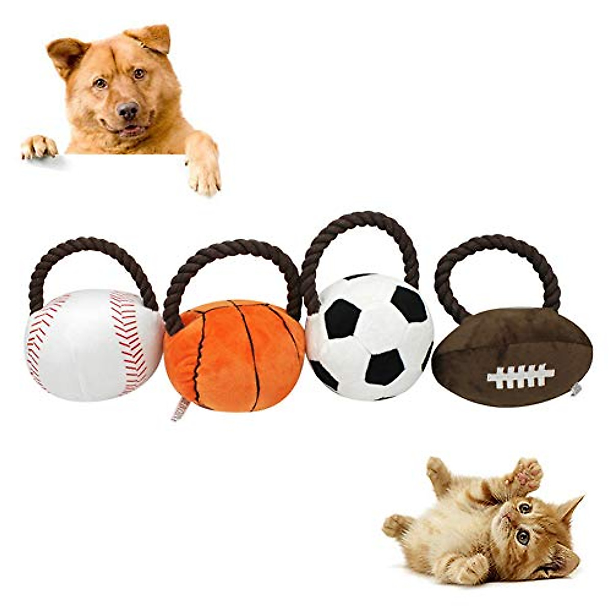 N/ hionre Interactive Playing Toys for Pets, Cotton Rope Plush Basketball Football Doll Chew Squeaky Toy for Pet Dog Cats Puppy Rugby