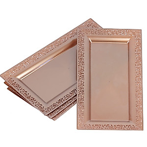 4 (pk) Yumchikel 14" x 7.5" Rose Gold Lace Rim Plastic Serving Trays & Platters | Heavy Duty Disposable Decorative Dessert Tray - Party Platters for Upscale Parties Weddings Brand: Yumchikel
