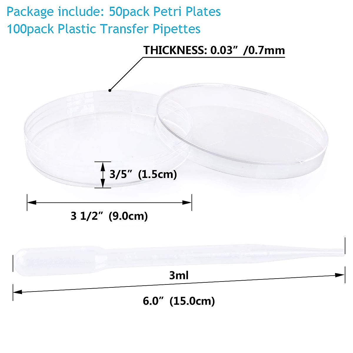 50 Pack Plastic Petri Dishes with Lid, 90mm Dia x 15mm Deep Sterile Petri Plates with 100 Pack 3 ml Plastic Transfer Pipettes, Petri Dish Set for Lab, Experiment, Biology, Microbiology Studies