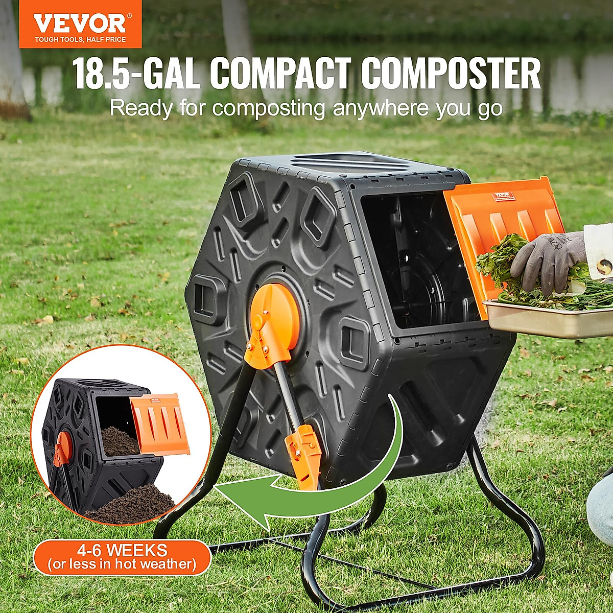 VEVOR Compost Bin, 18.5-Gal Composting Tumbler, Compact Single Rotating Chamber with Sliding Door and Steel Frame, BPA Free Small Composter Bin Tumbler for Garden, Kitchen, Yard, Outdoor