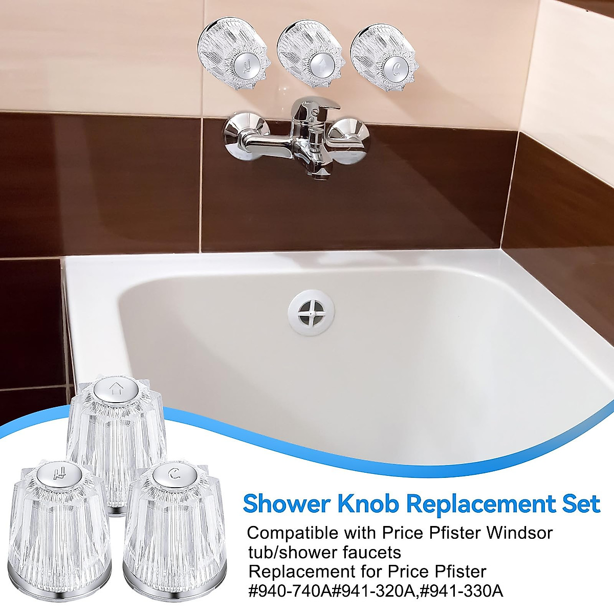 HyqehrtYazc Shower Knob Replacement 3 Pieces Acrylic Hot and Cold Handles Compatible with Price Verve Windsor Tub and Shower Faucets, Clear Bathtub Faucet Handles Replacement