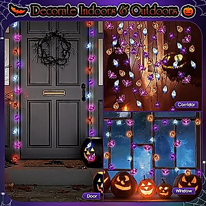 Enhon Halloween Lights, 26 FT 40LED Solar Halloween Pumpkin Bat Ghost Spider Lights for Decoration, IP44 Waterproof Lights with 8 Modes for Garden(Orange, Cool White, Purple, Dark Purple,1 Pc)