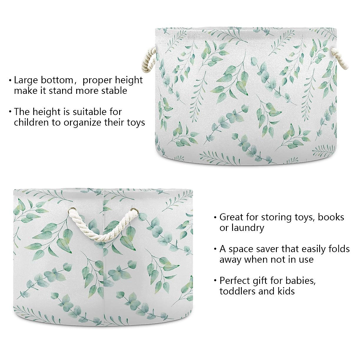 ALAZA Large Storage Basket for Toys Eucalyptus Leaf Green Tropical Plant Round Blanket Basket Laundry Hamper Canvas Organizer Bin Box Cotton Rope Collapsible Bucket Pillow Home Decor