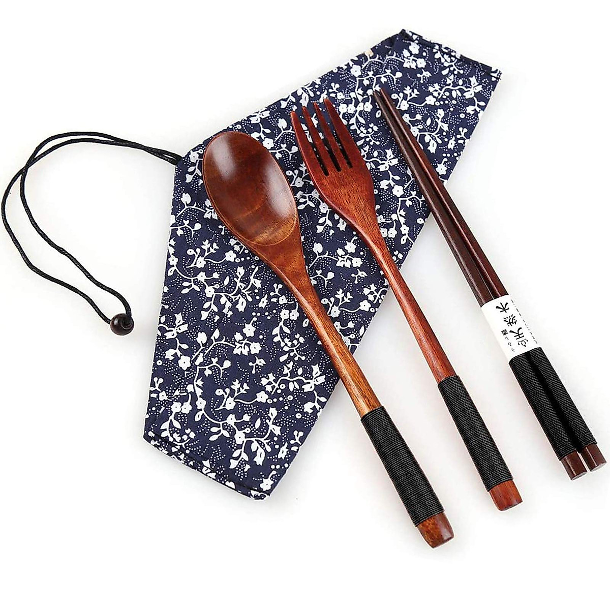 Wooden Chopsticks Spoon Fork Set Japanese Style Tableware Travel Utensils with Pouch for Camping,Picnic,Office or Home (Style A)