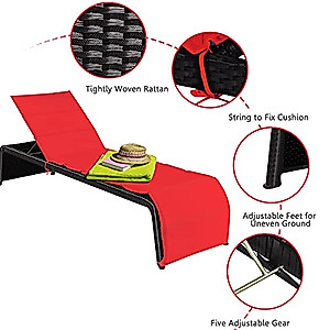 RELAX4LIFE Outdoor Patio Rattan Chaise Lounge, PE Rattan Wicker All Weather Lounge Chair with Adjustable Reclining Backrest and Cushions for Poolside Porch Garden and Backyard (1, Red)