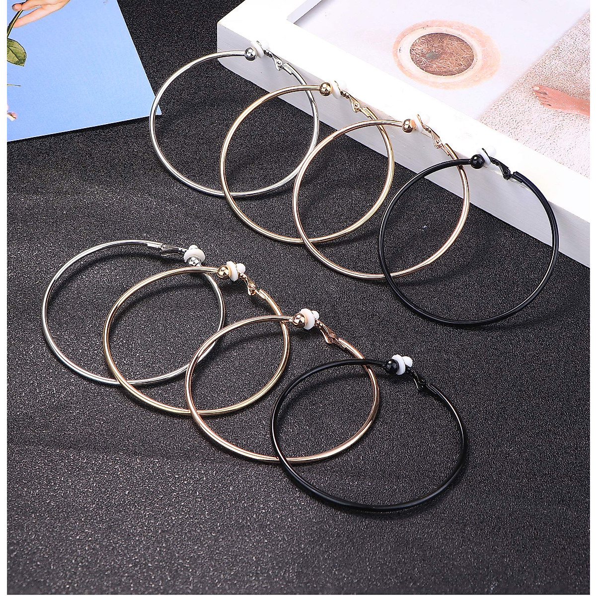 JOERICA Clip On Hoop Earrings for Women Silver Tone Gold Tone Rose Gold Tone Black Unpierced Hoop Earrings Non-pierced
