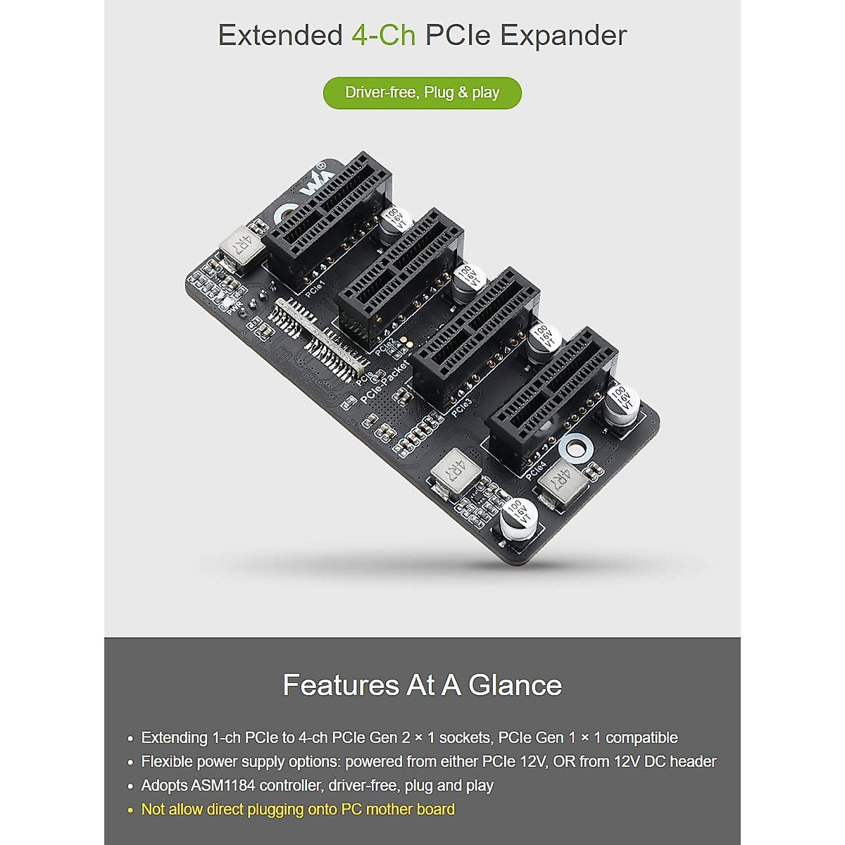 waveshare Extended 4-Ch PCIe Gen 2 ×1 Expander Stable Performance Driver-Free Plug & Play