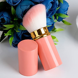 RN BEAUTY Retractable Kabuki Brushes Foundation Brush Powder Brush Blush Brush Extensible Makeup Brush Face Blender Brush Professional Mineral Blending Buffing Concealer Brush Aluminum Case Portable With Cover (Angled Top, Pink)