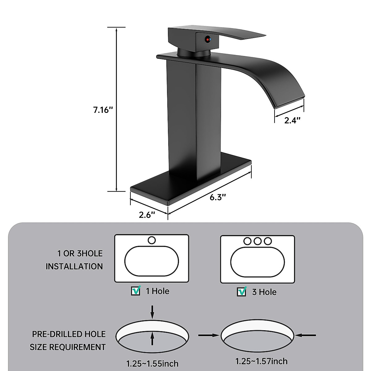 BASDEHEN Black Waterfall Spout Bathroom Faucet, Stainless Steel Single Hole Bathroom Sink Faucet, RV Vanity Faucet with Deck Plate, 1-Hole or 3-Hole Bathroom Sink Faucet (Matte Black)