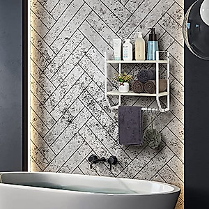 Bathroom Shelf with Towel Bar 2 Tier Wall Mounted Industrial Towel Rack with Shelf 5 Hooks for Bathroom Kitchen Living Room (White)