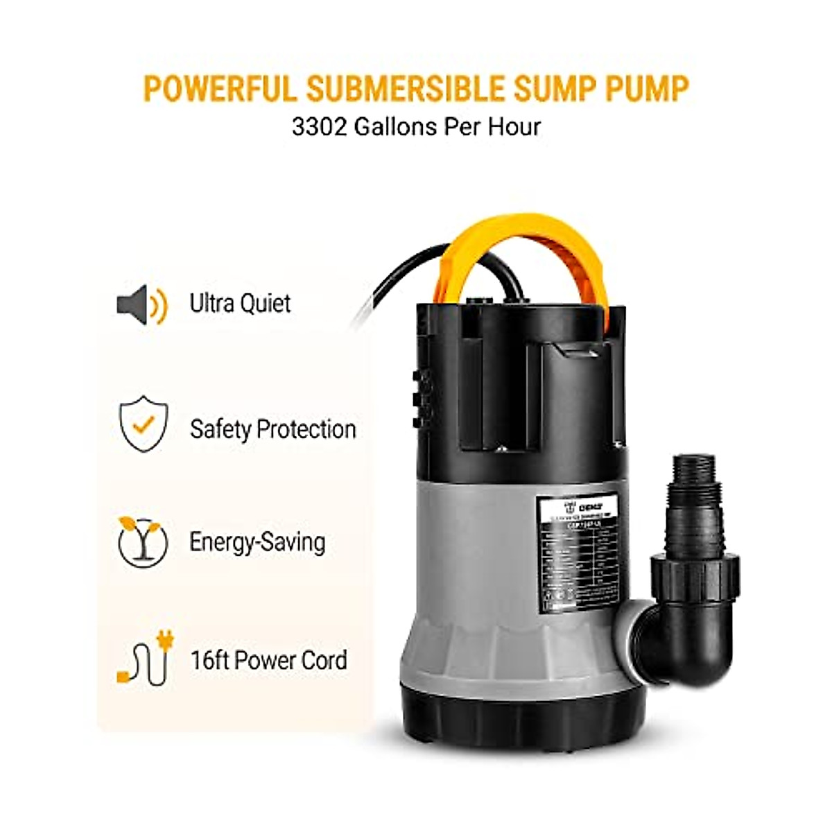 DEKOPRO Submersible Water Pump 1HP 3302GPH 750W Utility Pump Portable Electric Water Transfer Pump for Swimming Pool Tub Garden Pond with 16-Foot Cord