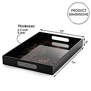 Hacaroa Black Acrylic Serving Tray with Handles, 17" x 12" Rectangular Breakfast Tray for Coffee Table, Appetizer, Tea, Decorative Floral Vanity Tray Organizer, Spill-Proof