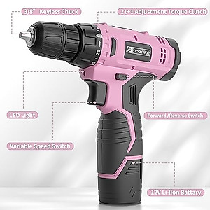 FADAKWALT Cordless Drill Set,12V Power Drill Set with Battery and Charger, compact Driver/Drill Bits, 3/8'' Keyless Chuck,21+1 Torque Setting, 180 inch-lbs, with LED Electric Drill Set（pale Pink）