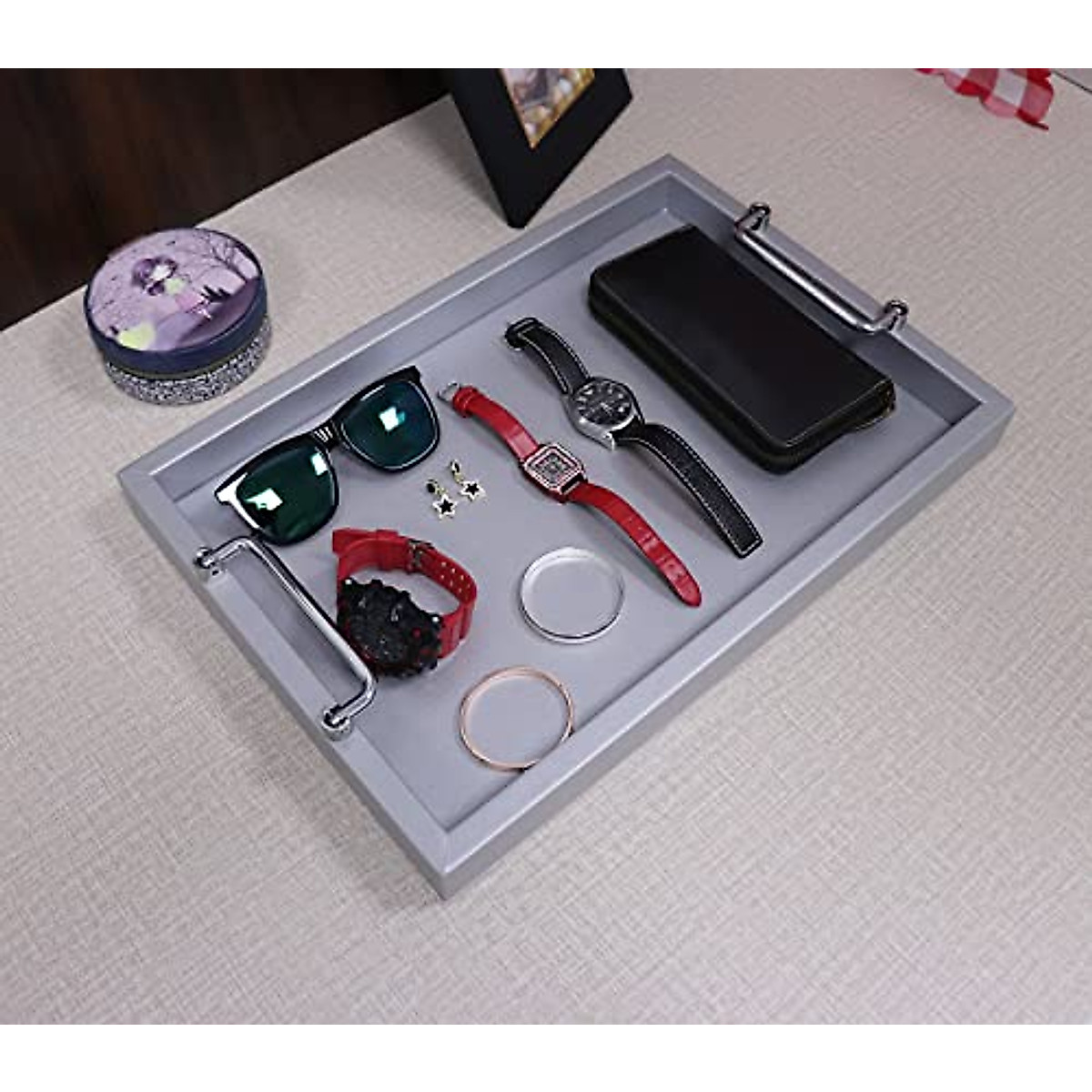 Mcbz Living & Kitchen Room Decoration Service Tray, Banquet Table & Tea Table Coffee Tray, 90° Folding Metal Handle, 17.8 x 12.3 inches (Silver)