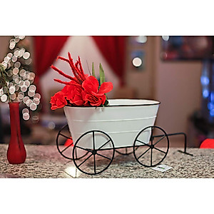 Zeckos Charming White Enamelware Metal Farmhouse Style Decorative Wagon Garden Planter - Rustic Elegance for Gardens, Patios and Porches - Indoor/Outdoor - 19.5 Inches Long